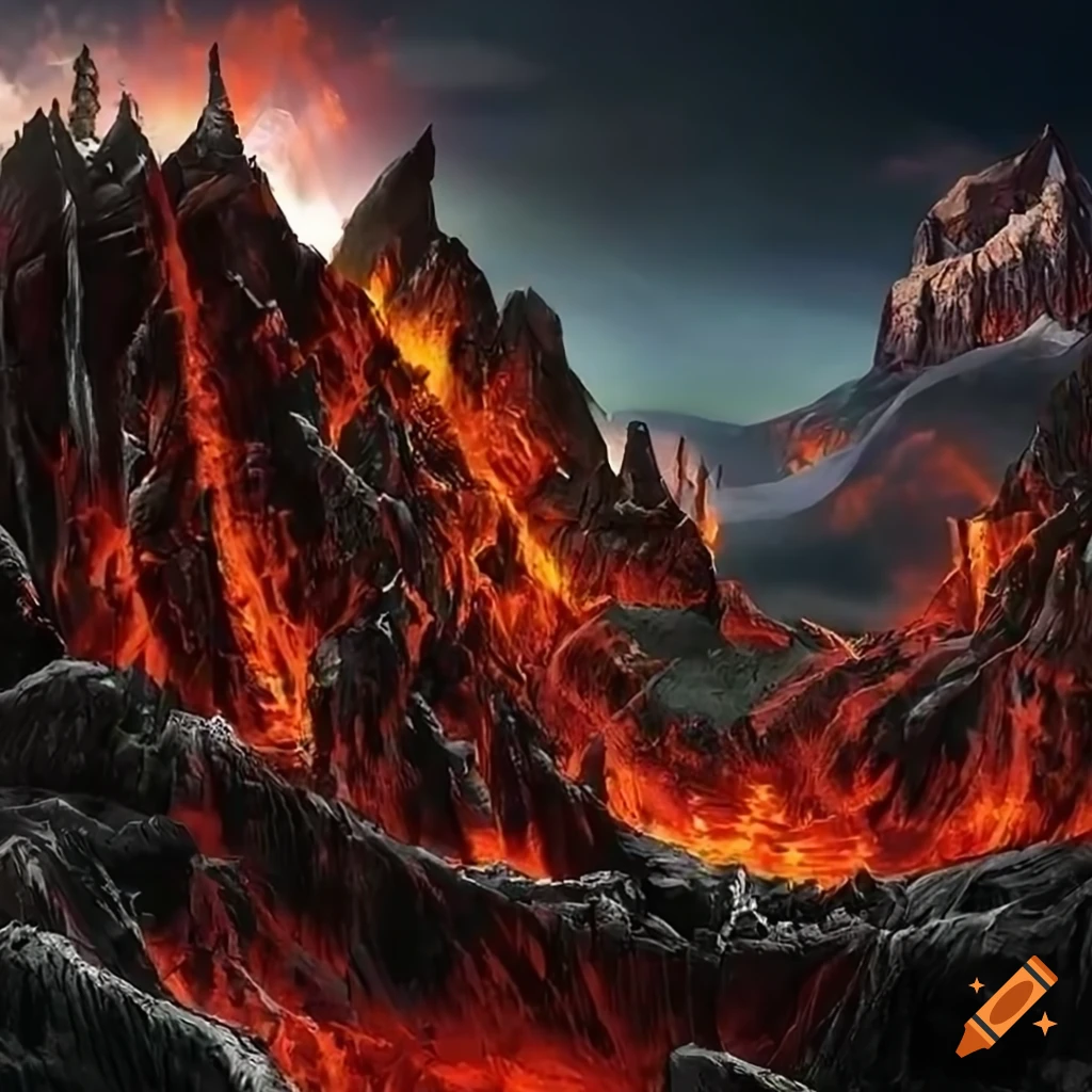 Desolate mountain landscape in hellish terrain on Craiyon