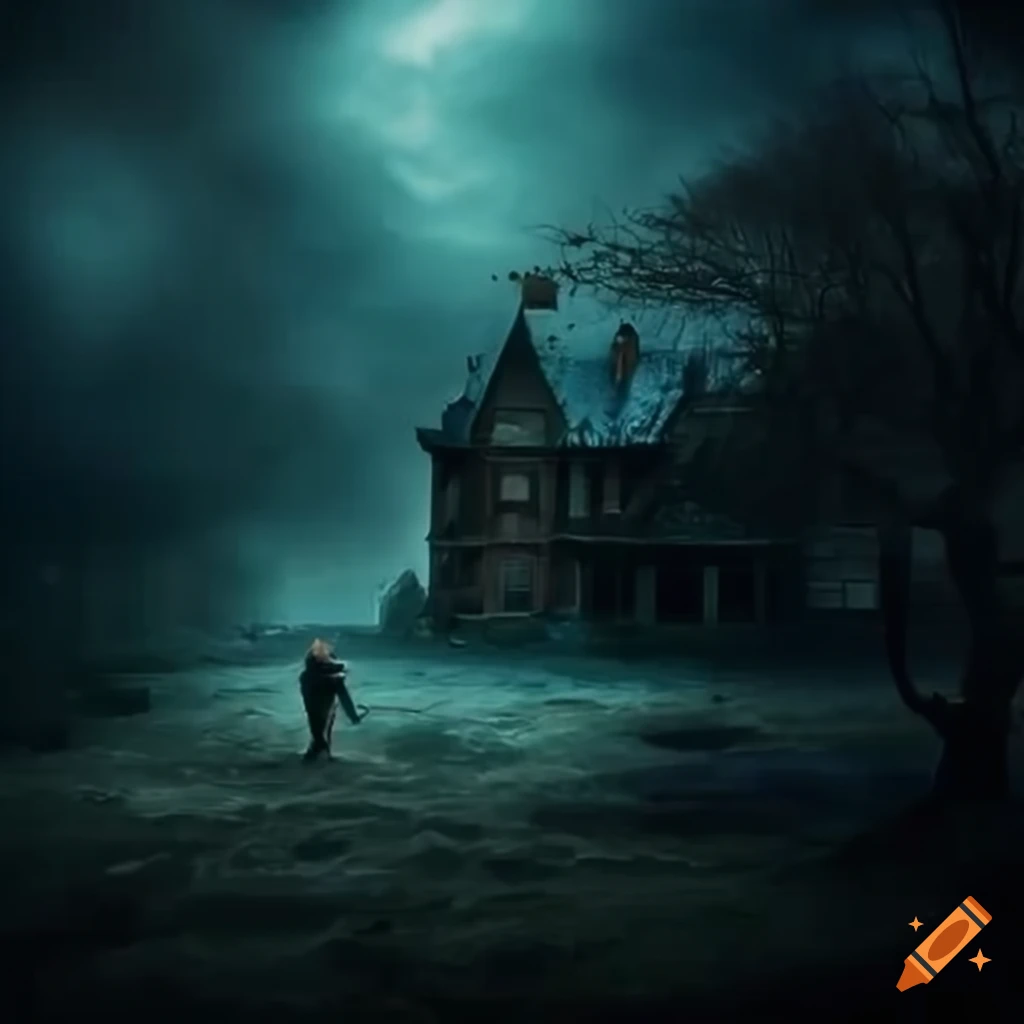 Mysterious house with an elderly man standing in front on Craiyon