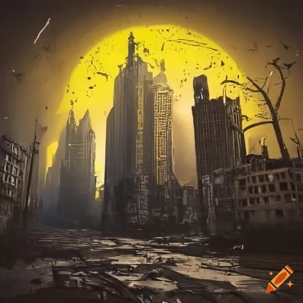 Post-apocalyptic city with yellow and black theme on Craiyon