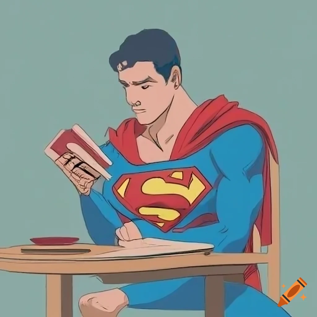 Line drawing of superman reading a book at a coffee shop on Craiyon