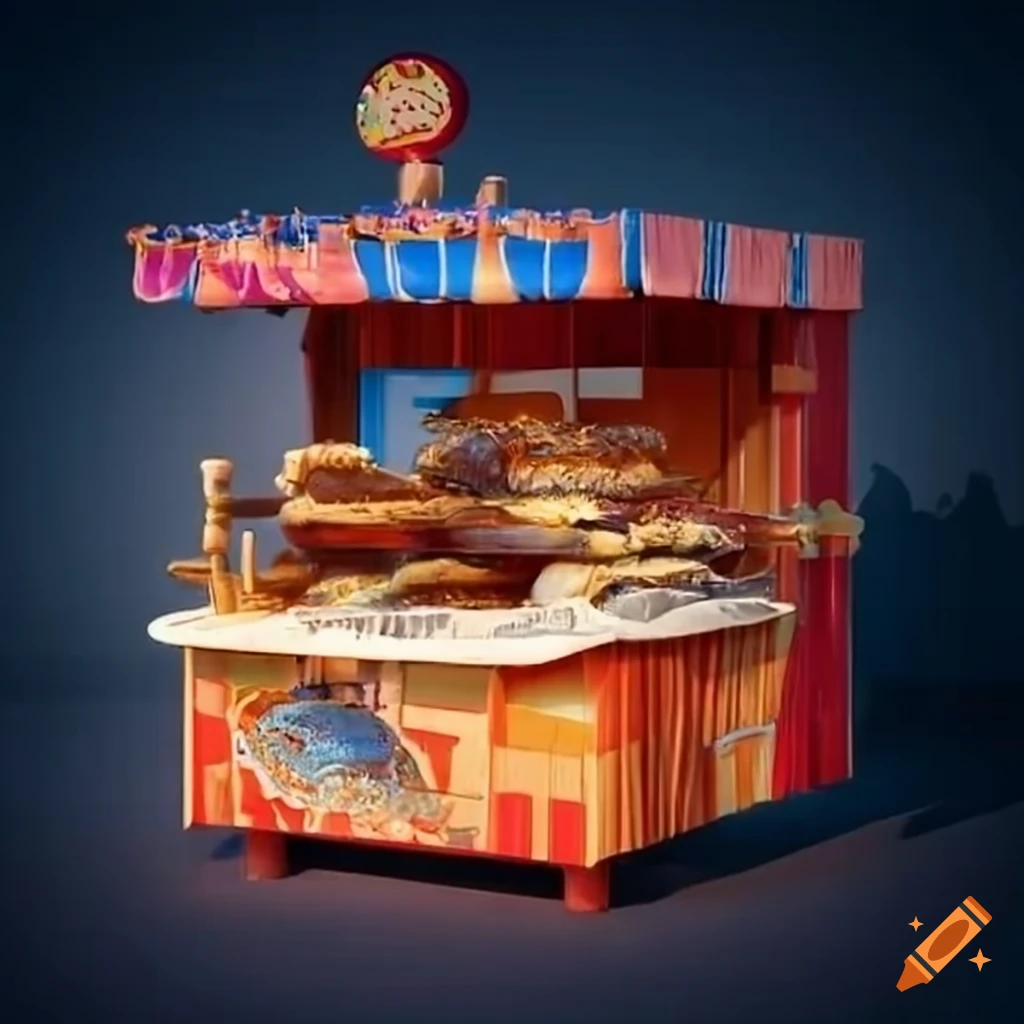 Fried fish food stand at a carnival on Craiyon