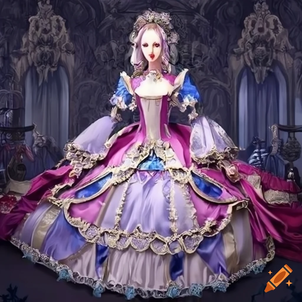 Image of an anime queen in rococo dress on Craiyon