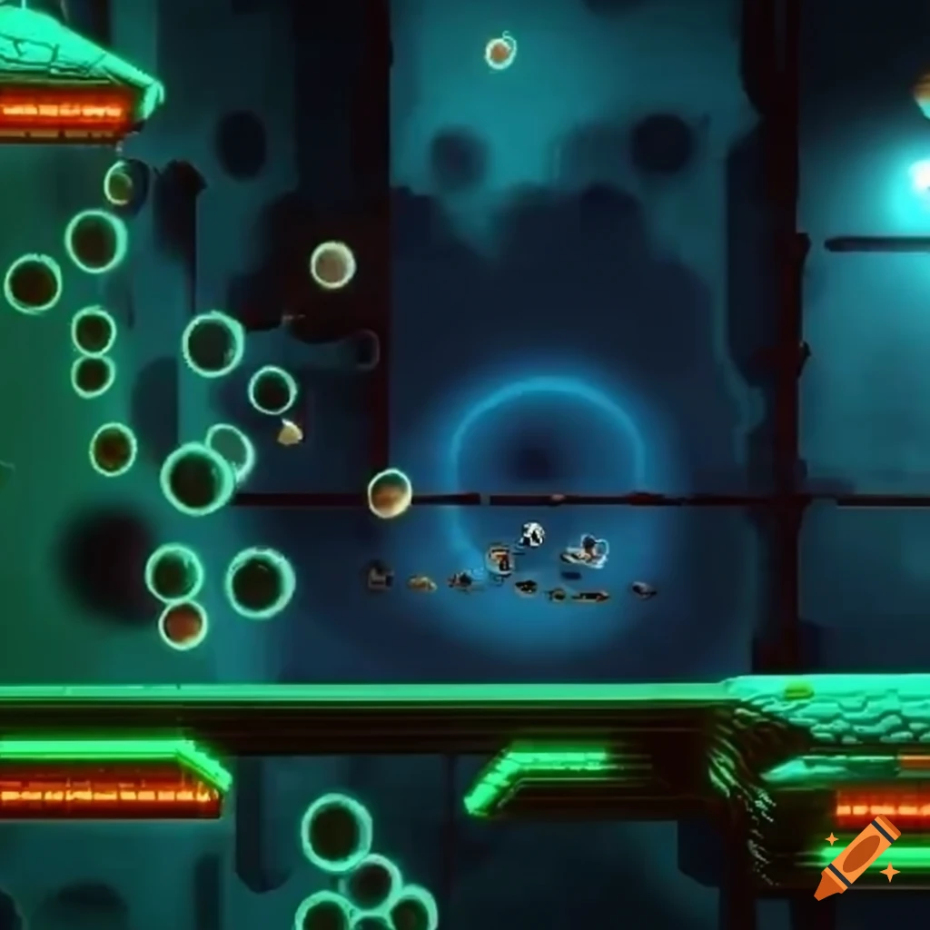 Layout map of a platform 2D game with bubbles on Craiyon