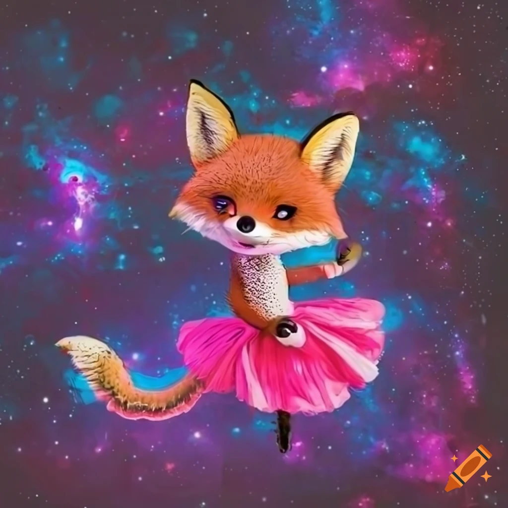 Neon fox dancing with a snake under a galaxy background
