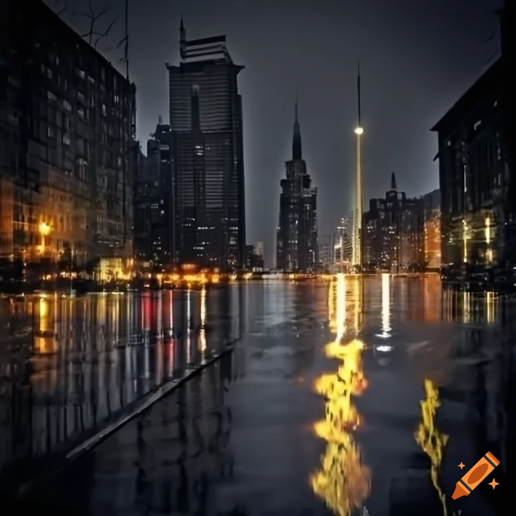 Panoramic view of a city skyline at night in the rain