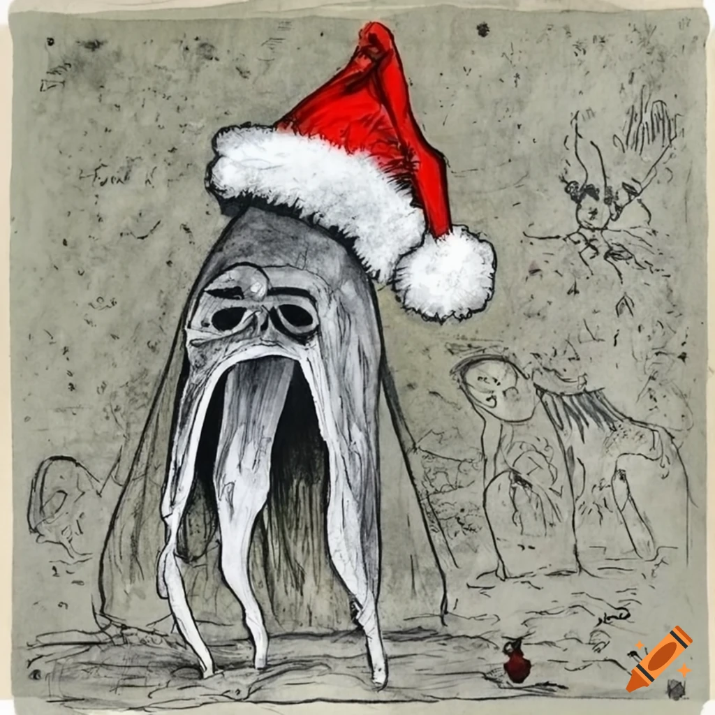 Illustration of a ghost with a santa hat by ralph steadman on Craiyon