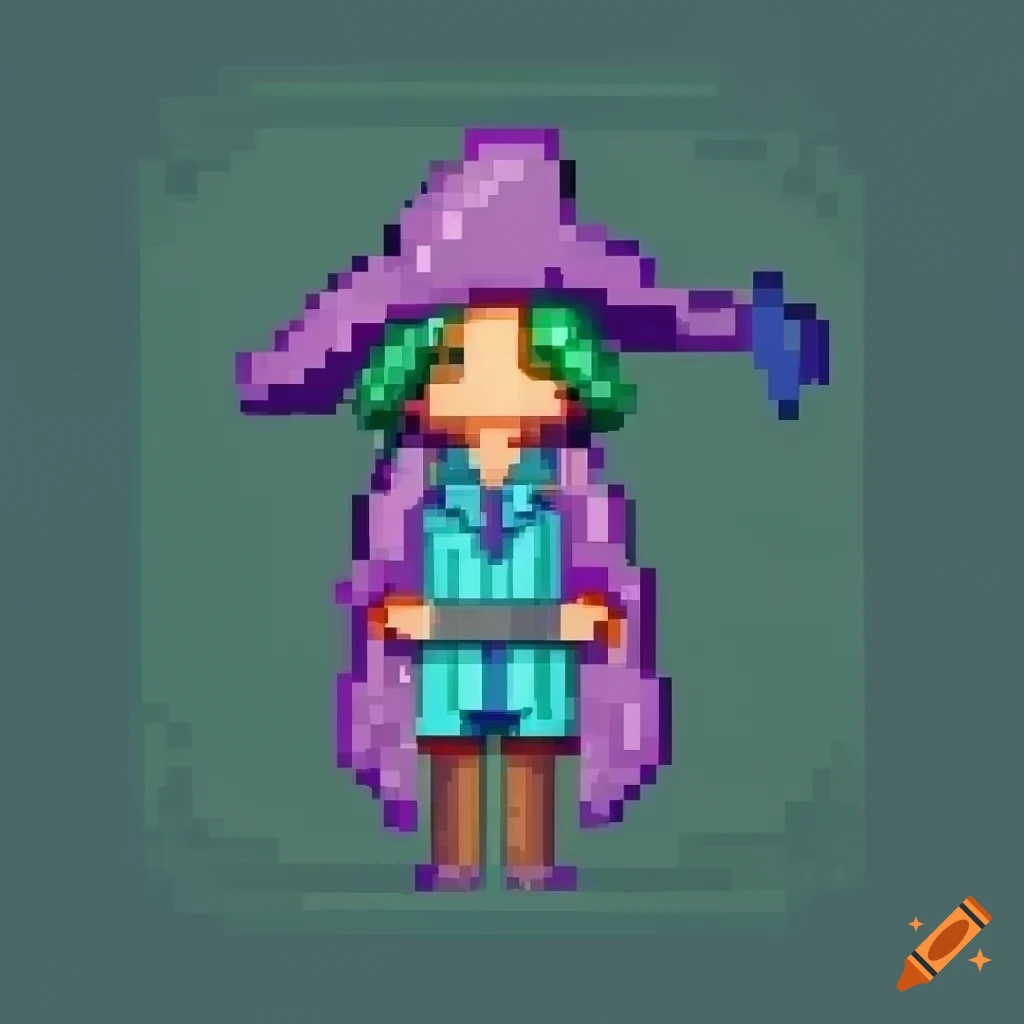 Pixel art of a green-haired witch in stardew valley style on Craiyon