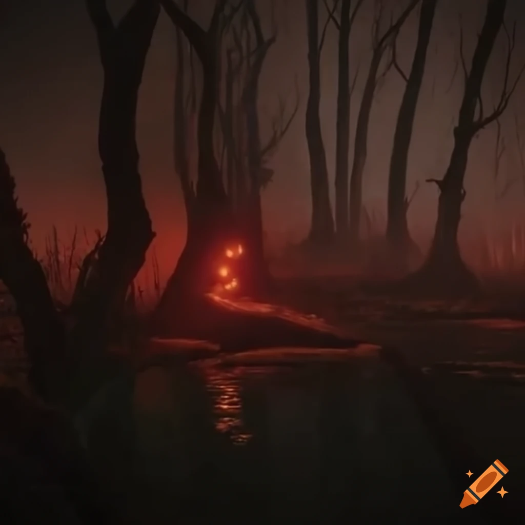 Glowing magical holy tree with silver leaves in foggy dark woods on Craiyon