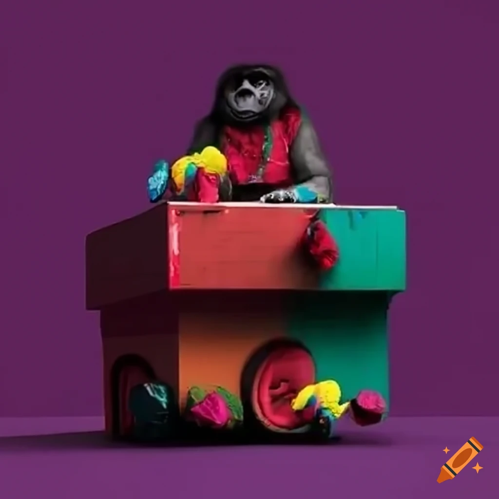 Digital art of a dancing dumpster with gorillas