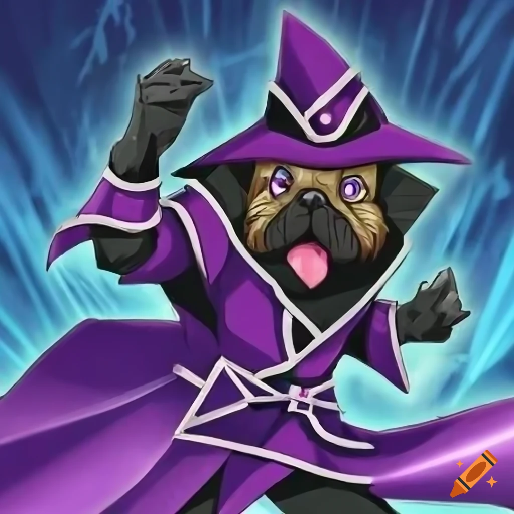 Pug dog dressed as a dark magician from Yu-Gi-Oh on Craiyon