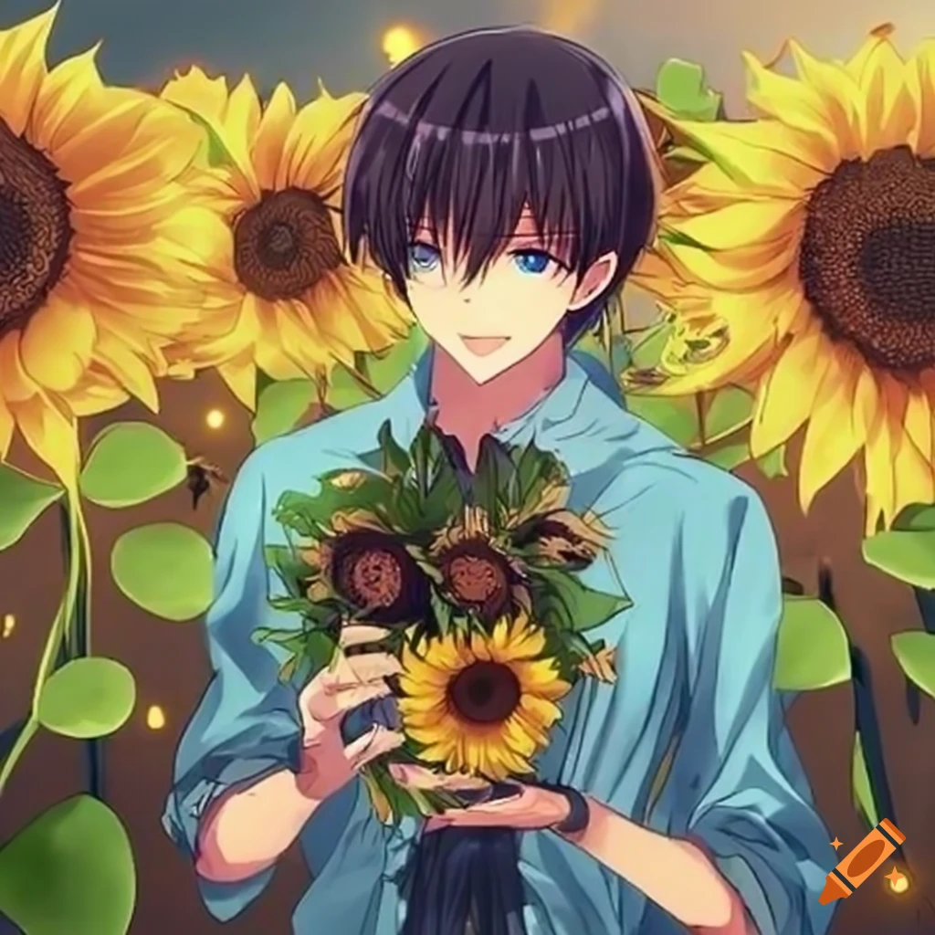 Anime boy offering sunflowers to his love on Craiyon