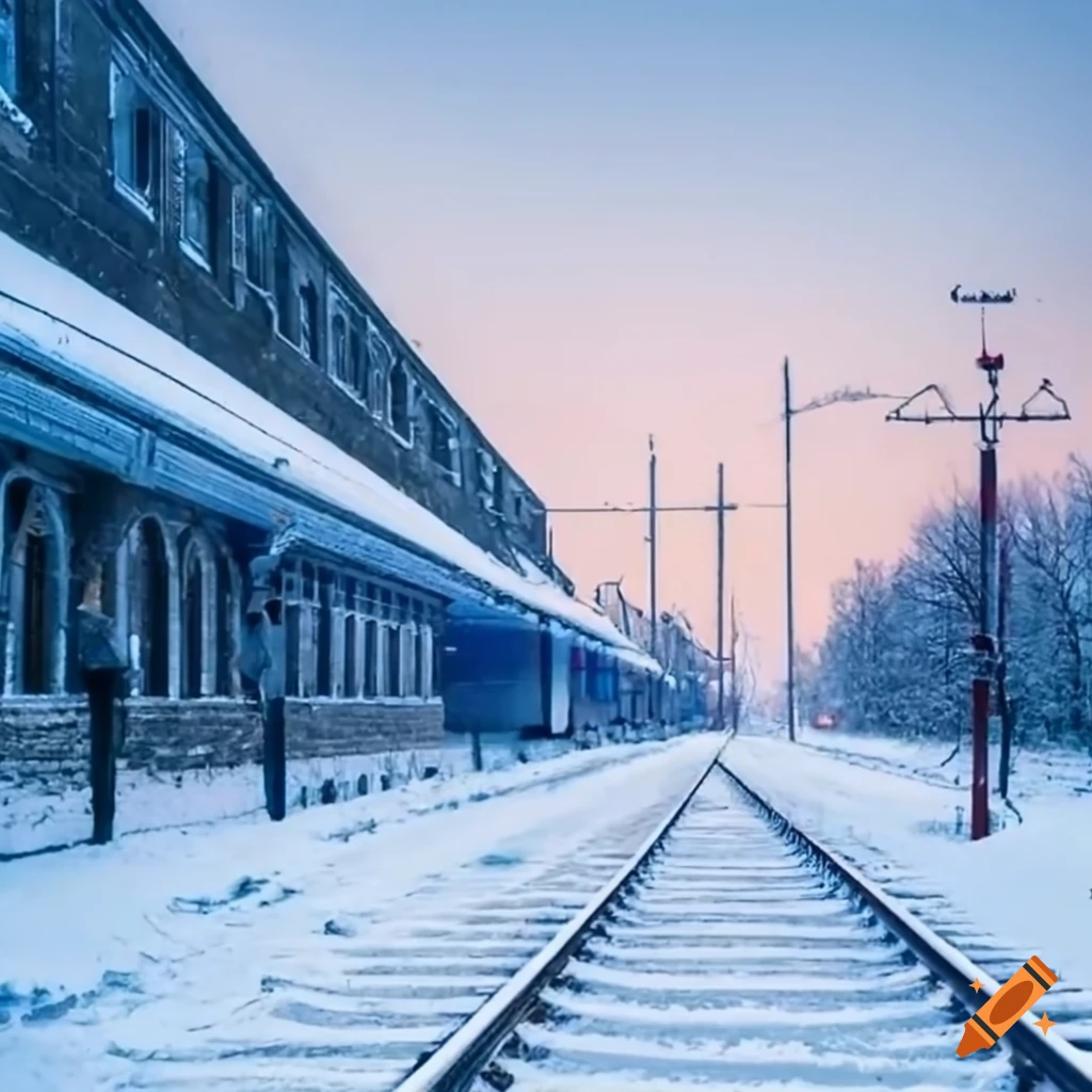Snow-covered train station under wintry sky