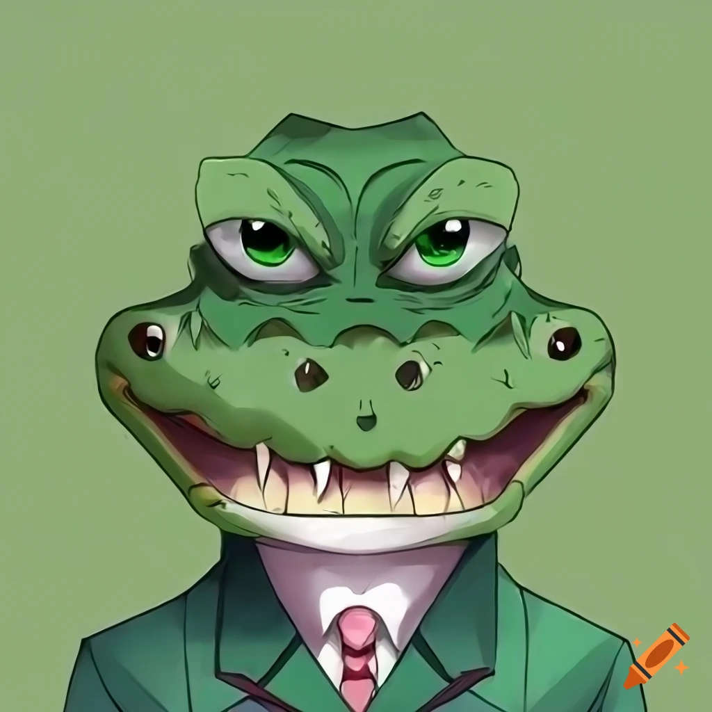 2d art of a crocodile-human hybrid wearing a green suit on Craiyon