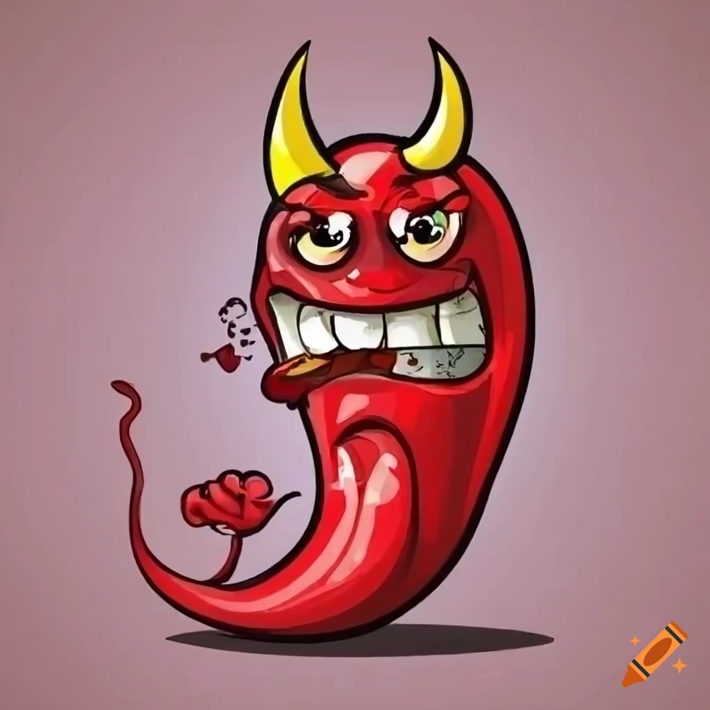 Cartoon devil struggling to eat a spicy red pepper on Craiyon
