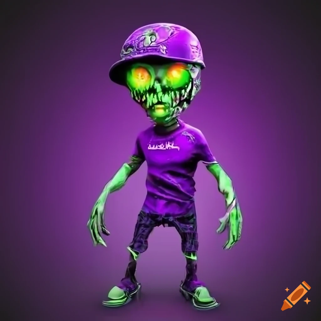 3d rendering of a zombie-alien character with purple baseball cap