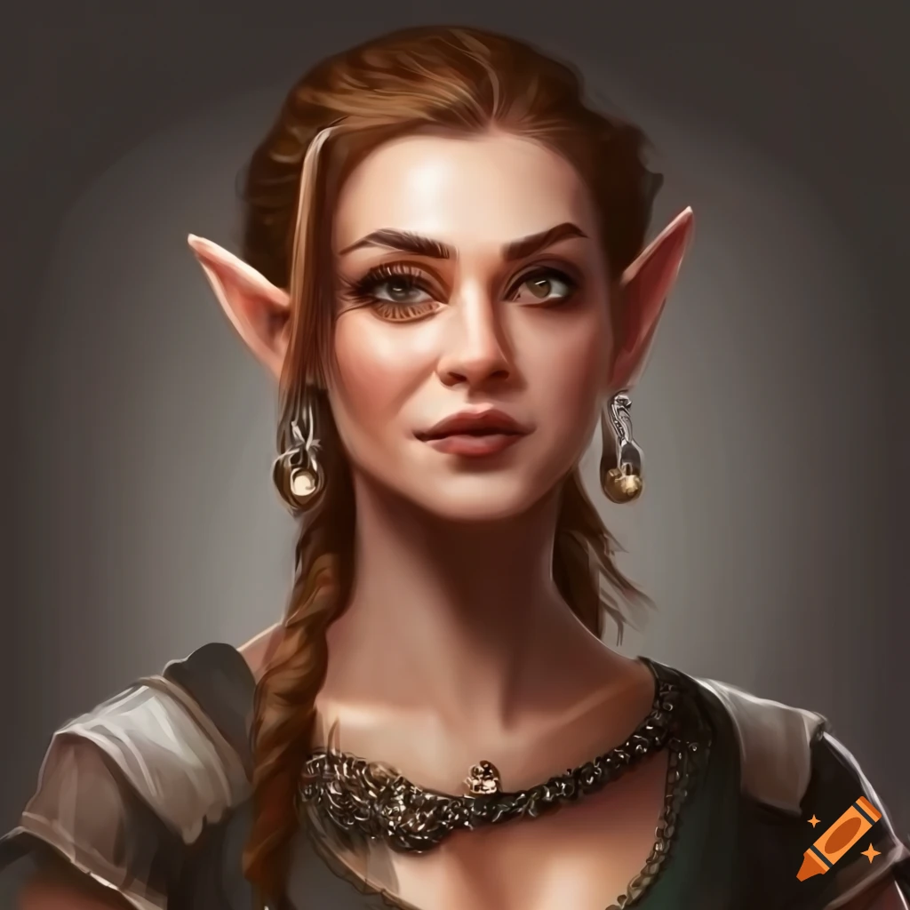 Portrait of a smiling female half-elf bartender on Craiyon