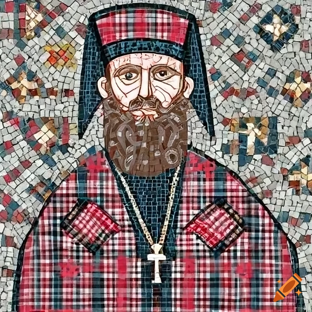 Mosaic of an Orthodox priest in red and black plaid shirt on Craiyon
