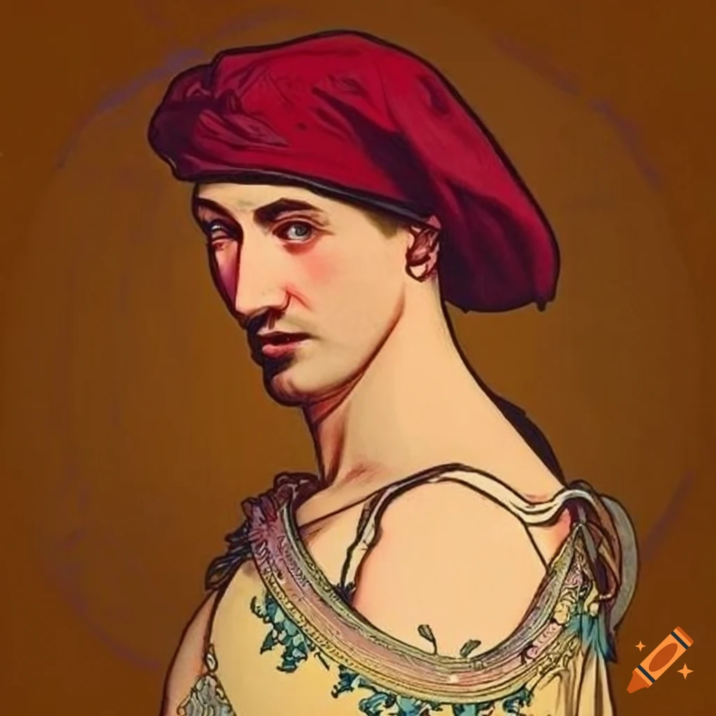 Man wearing a beret inspired by mucha style on Craiyon
