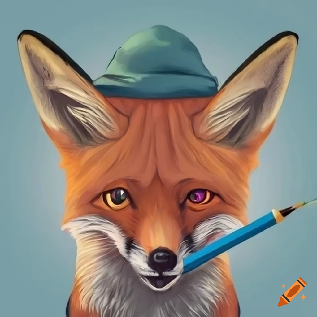Fox illustration wearing a hat and holding a pencil