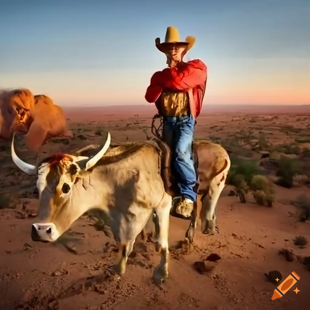 Cowboy riding cow in desert landscape on Craiyon