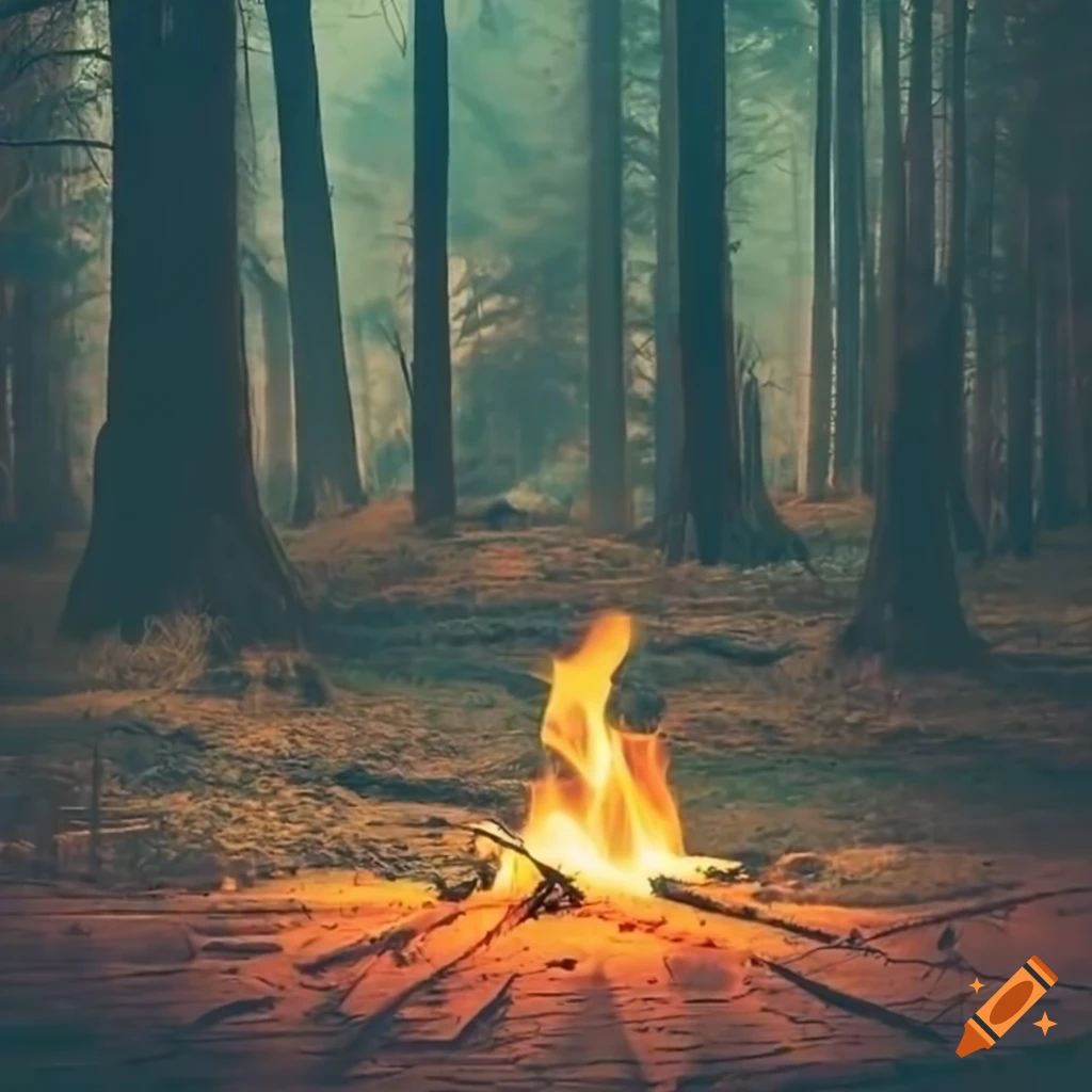 Golden hour firecamp in forest on Craiyon