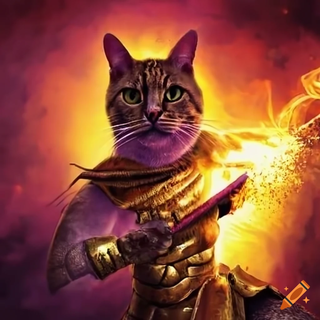 Gladiator cat in golden armor with purple fire on Craiyon