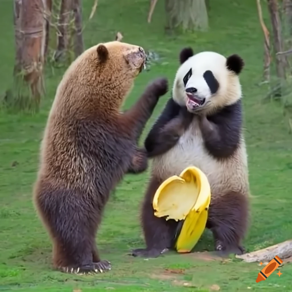 Panda and brown bear arguing over a banana peel on Craiyon