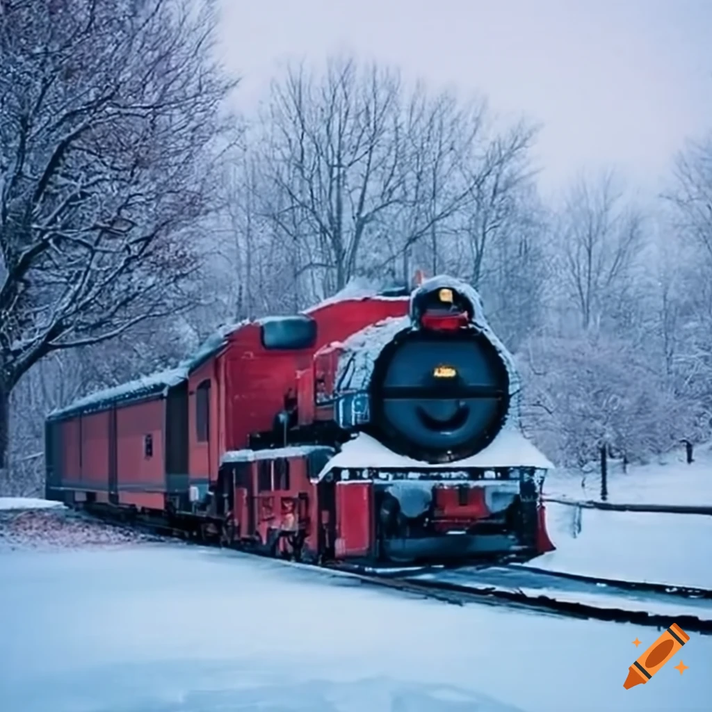 Train running in the snow on Craiyon