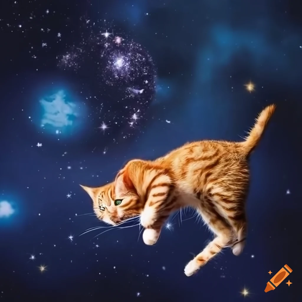 Orange tabby cat floating in space with a star