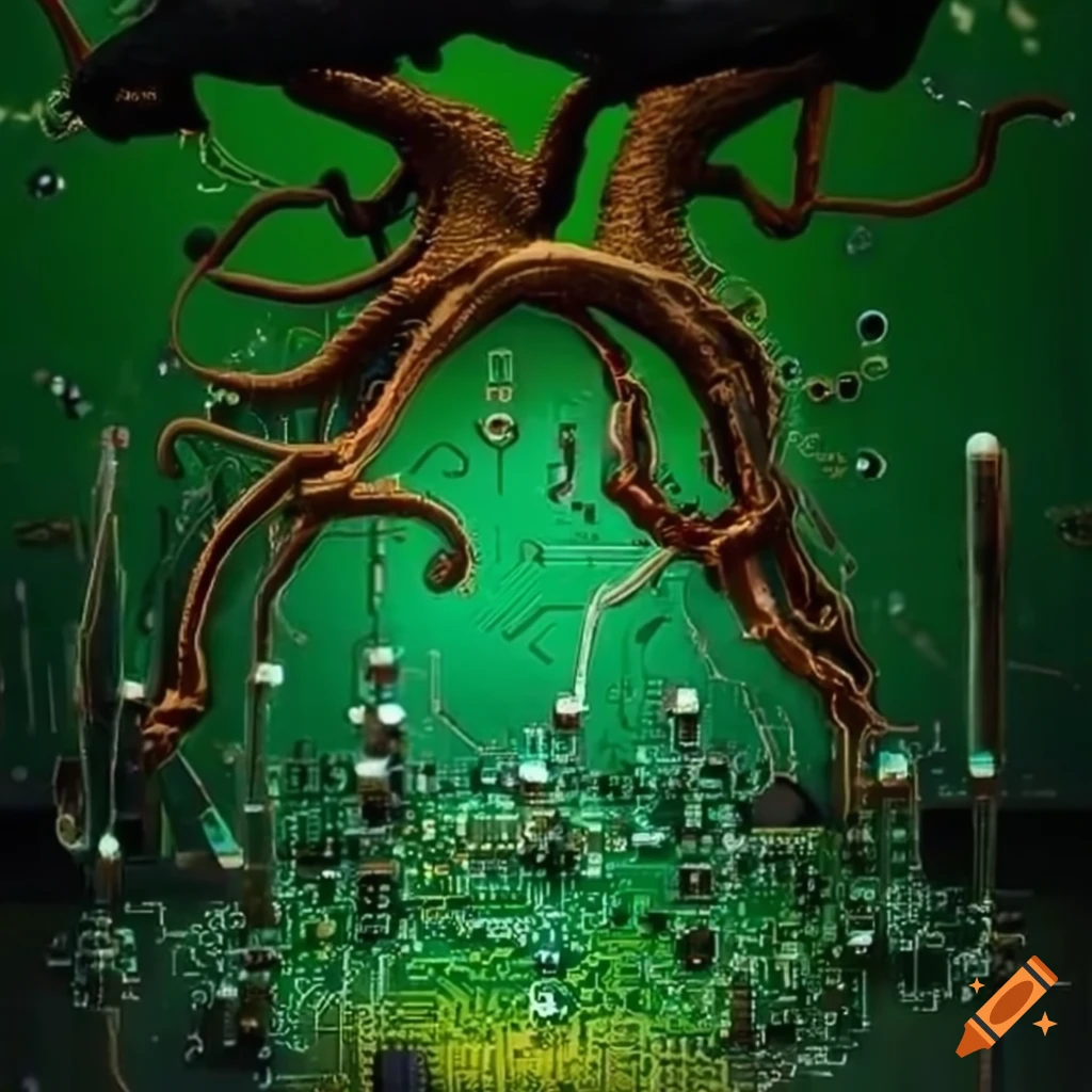 Conceptual representation of a circuit board with a growing tree
