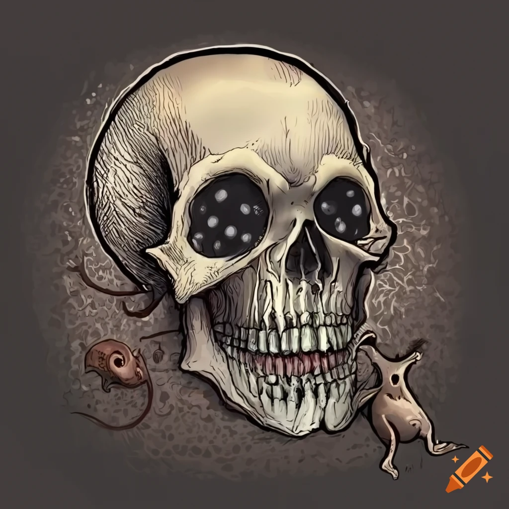 Spooky illustration of skull with rat crawling on it