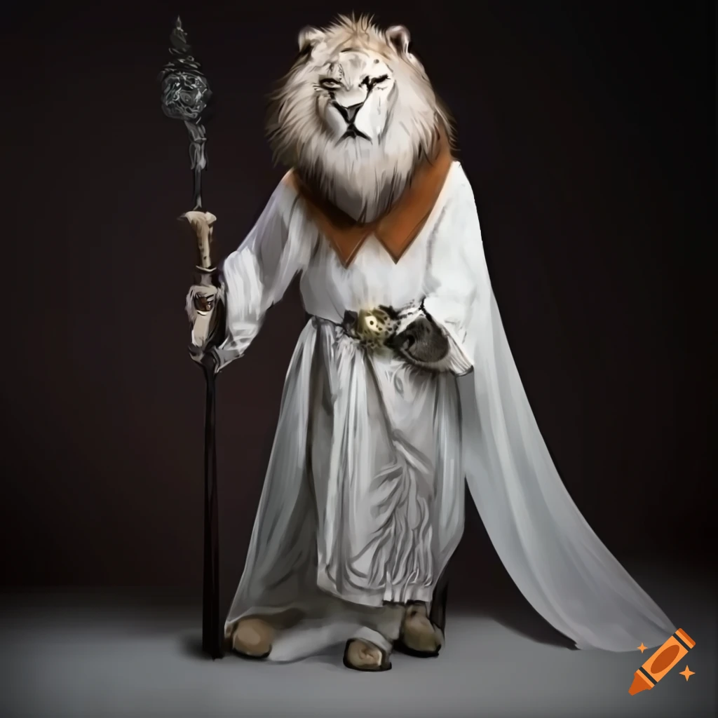 White-robed lion wizard in intense background on Craiyon