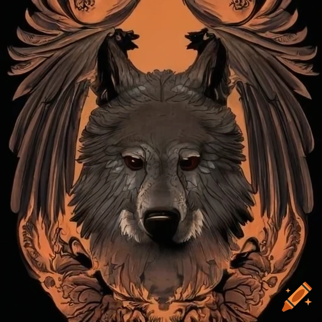 Wolf and raven symbolism in a family crest on Craiyon