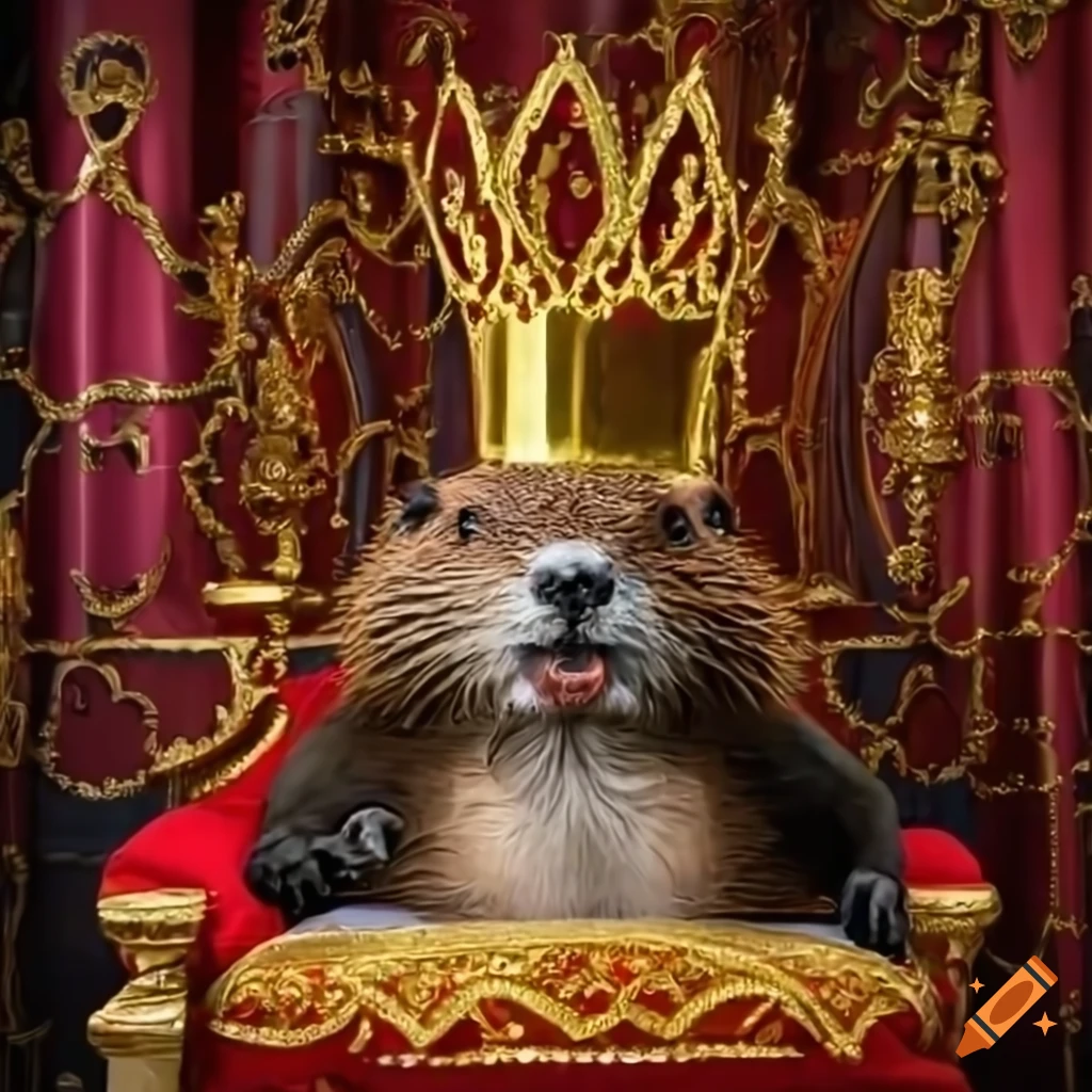 Realistic depiction of a beaver king in a throne room on Craiyon