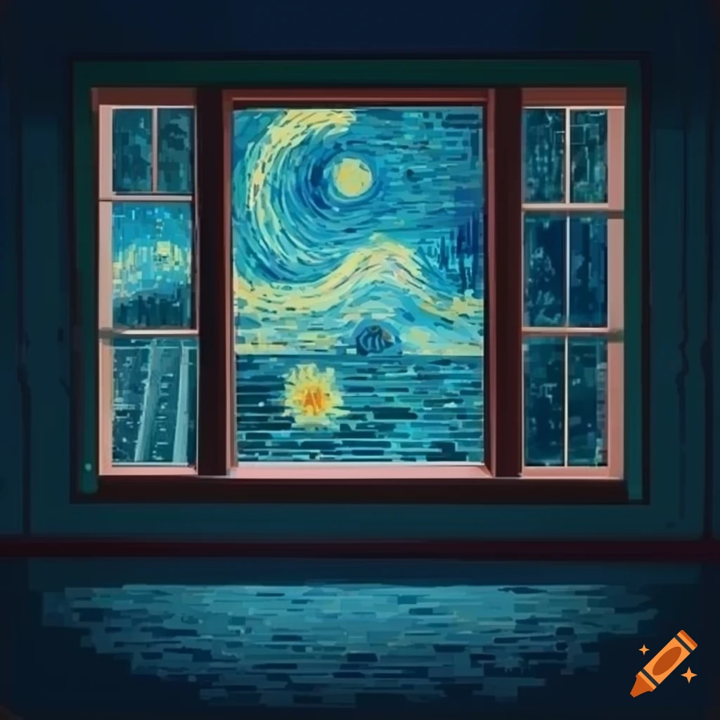 Illustration of a room with a square window inspired by Starry Night on ...