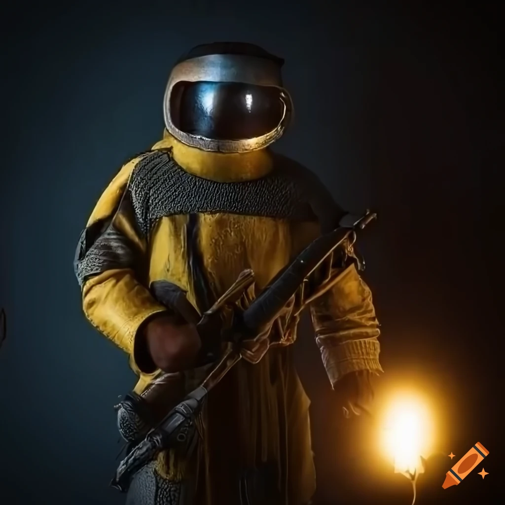 Photorealistic medieval spaceman with gun in brutalist cityscape