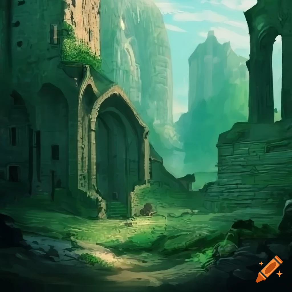 Green medieval ruins in the background