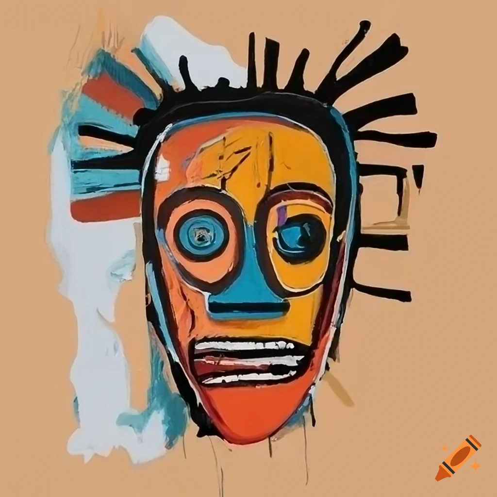 Painting of african mask with basquiat symbols