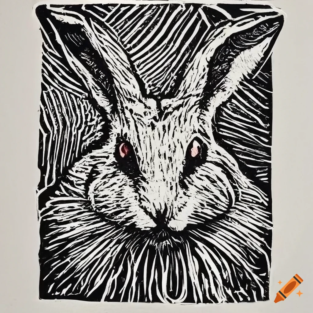 Engraved rabbit face with fangs