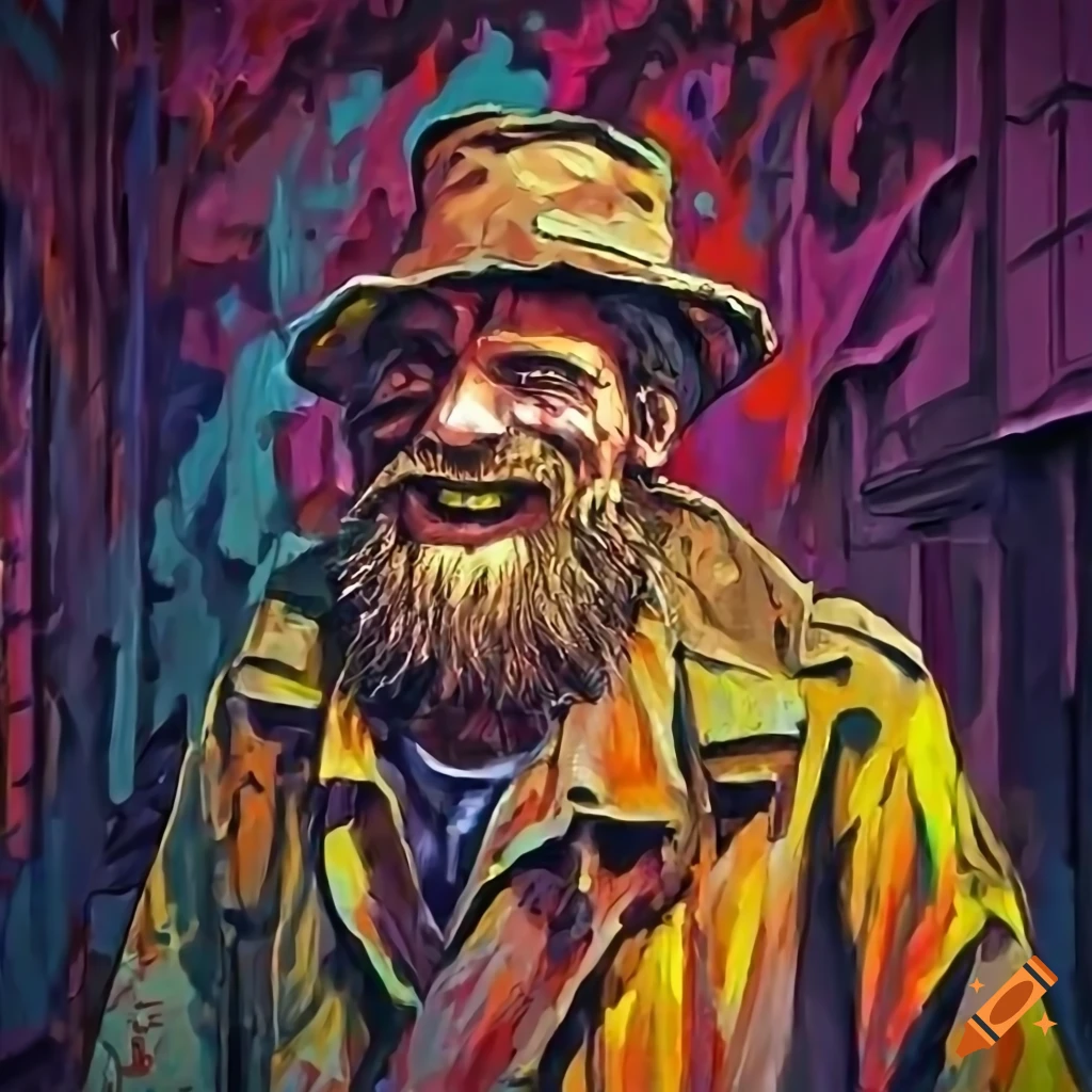 Illustration of a smiling hobo in a dark alley on Craiyon