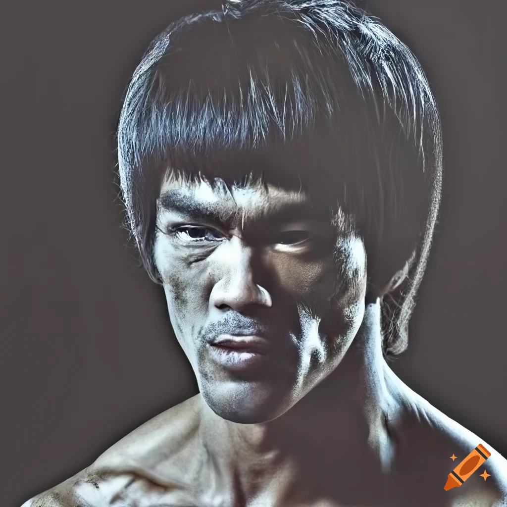 Closeup portrait of a fierce Bruce Lee-inspired model on Craiyon