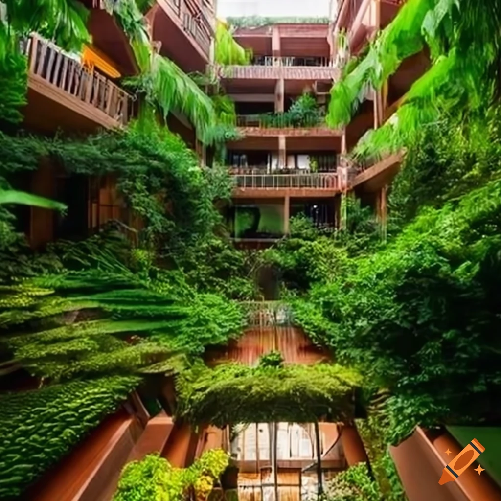 Nature-inspired hotel building with plant decorations on Craiyon