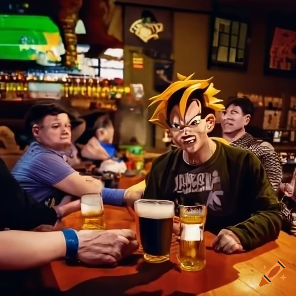 Goku and master chief drinking beer in a sports bar