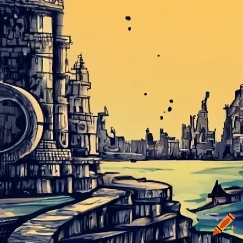 Ink artwork of a destroyed ancient city by the riverside