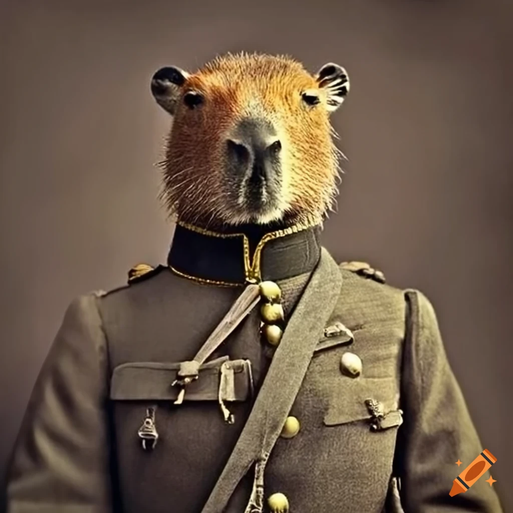 Vintage photo of capybara in military uniform on Craiyon