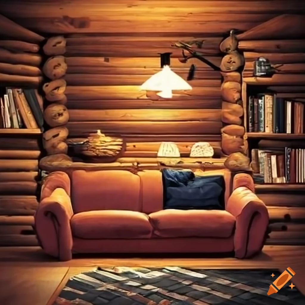 Cozy log cabin interior with couch, bookshelf, and TV on Craiyon