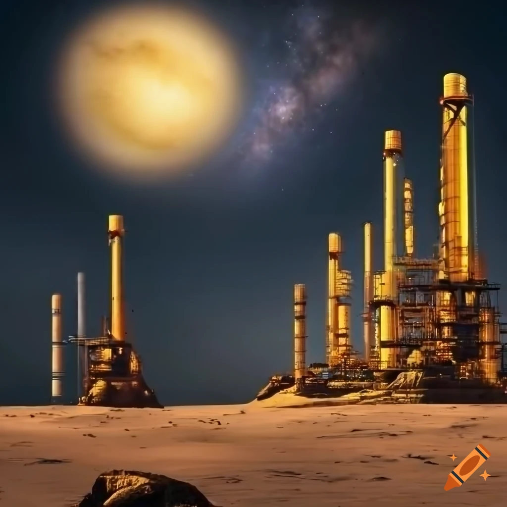 Sci-fi oil refinery on a dark planet with yellow planets in the ...