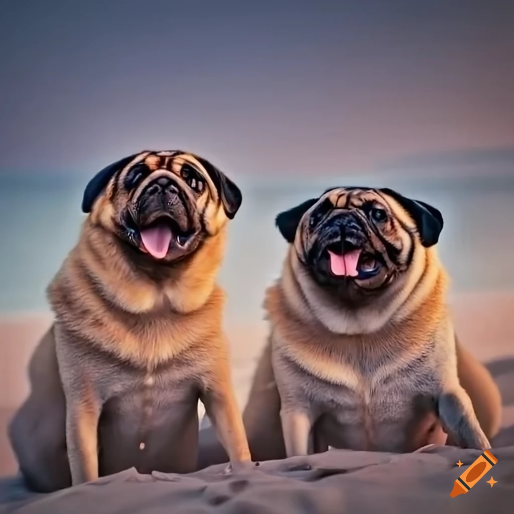 Golden hour pugs singing on the beach on Craiyon