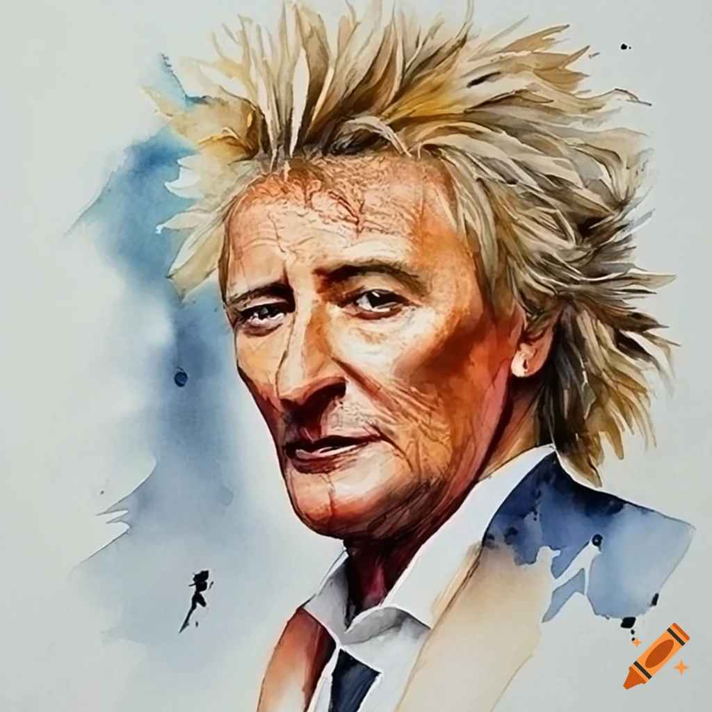 Realistic watercolor portrait of rod stewart