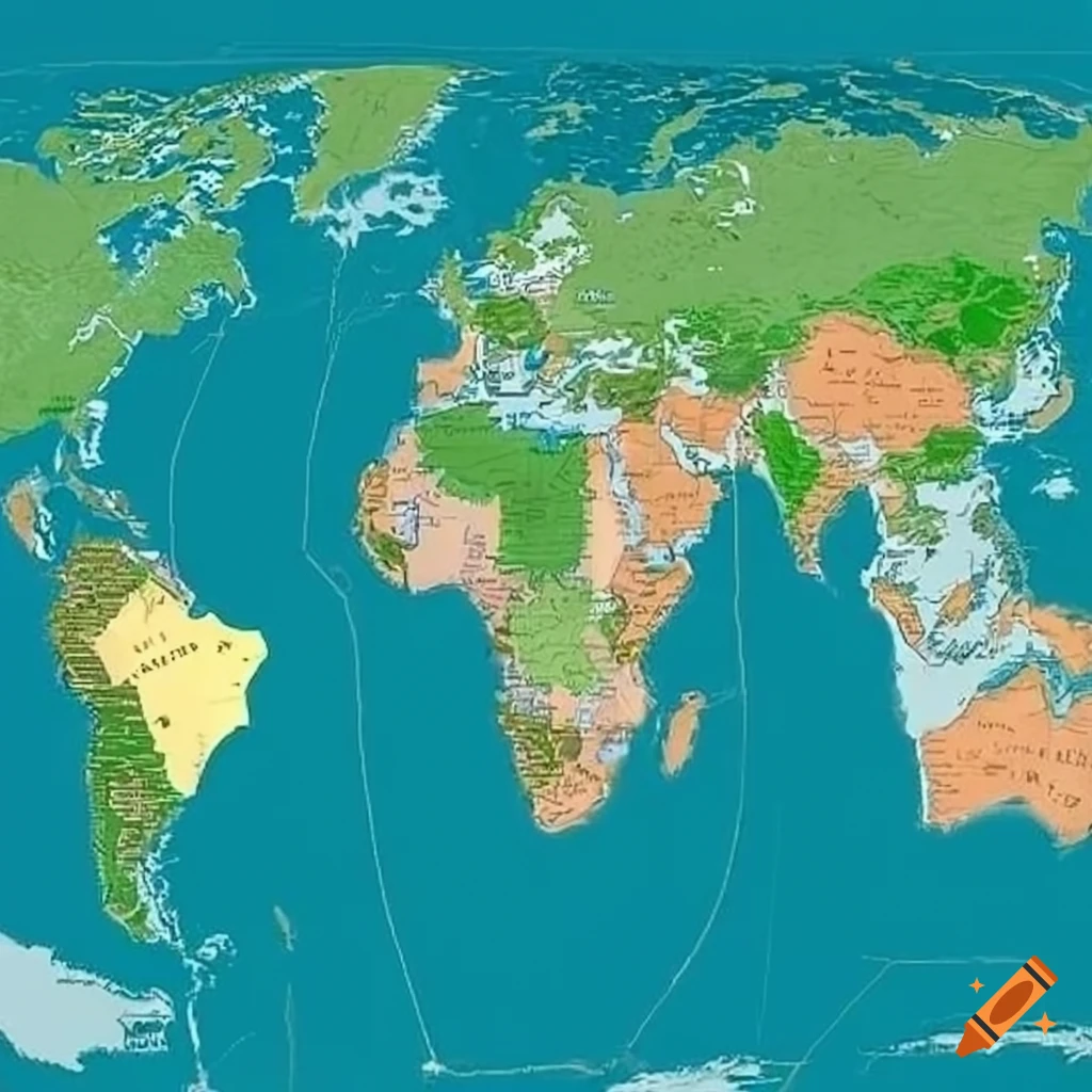 Detailed world map with green continents and white oceans